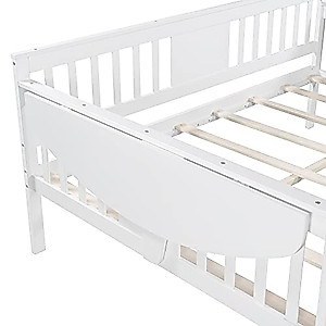 UBGO Full Daybed, Wood Size Sofa Bed with 2 Folding Tables, Children's Cot, Bedroom Living Room Furniture, Wooden Slat Support, Box Required, White C