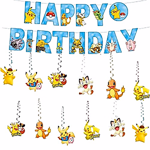 poke-mon birthday party supplies,Cute Animation themed Birthday Banners and Hanging Swirls,Boys and girls for birthday party supplies