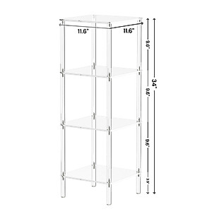 CRTERICX 4 Tier Square Acrylic Bookshelf, Small Bookcase with Acrylic Fittings for Fixing to Wall, Corner Display Shelf for Living Room, Bedroom, Bathroom, Small Spaces, Clear, 11.6'' W x 34'' H