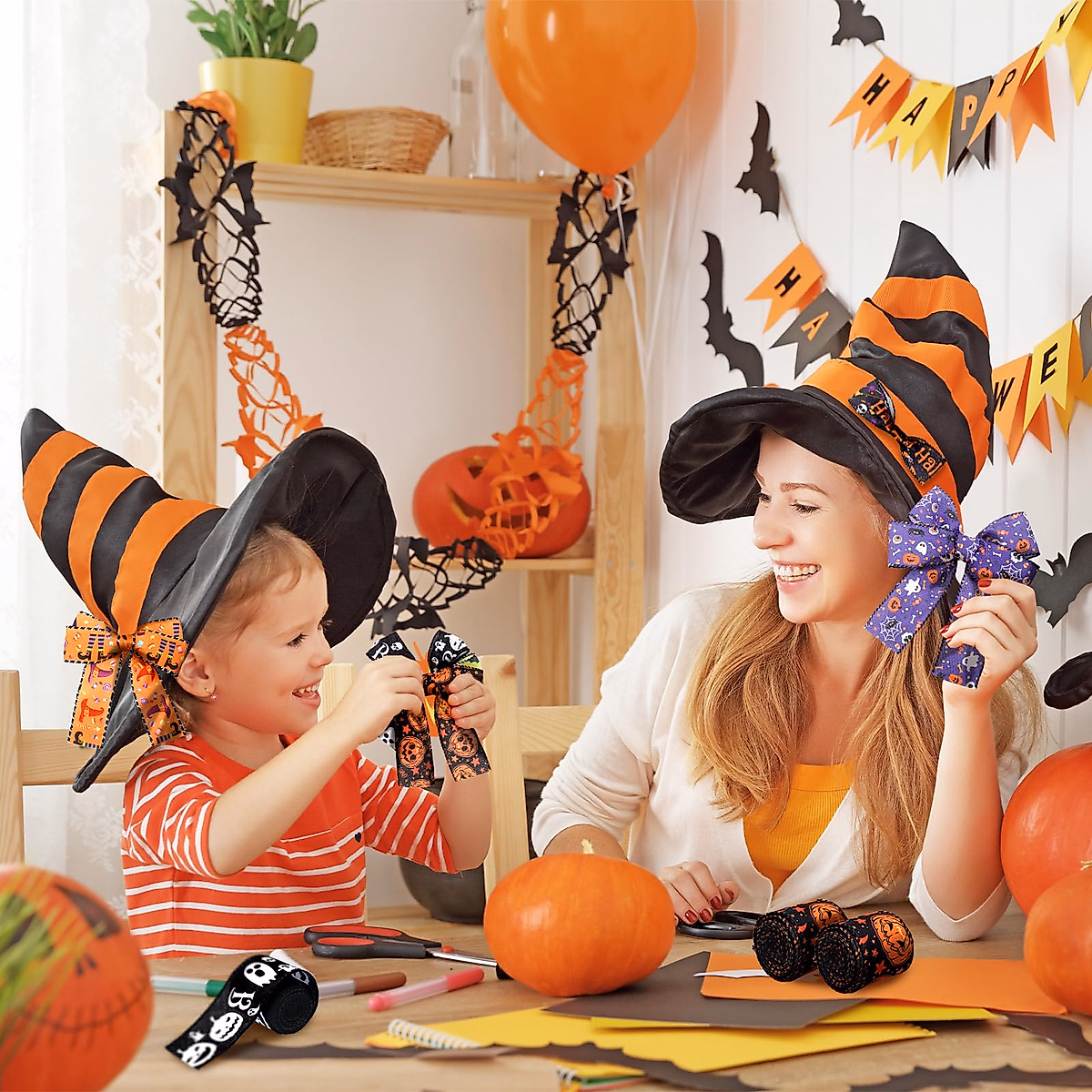 Yuxung 6 Rolls 30 Yards Halloween Wired Edge Ribbon for Wreaths Bat Spider Web Pumpkin Print Grosgrain Ribbon Ghost Witch Hat and Leg Ribbon Halloween Party Decorative Ribbon Supplies