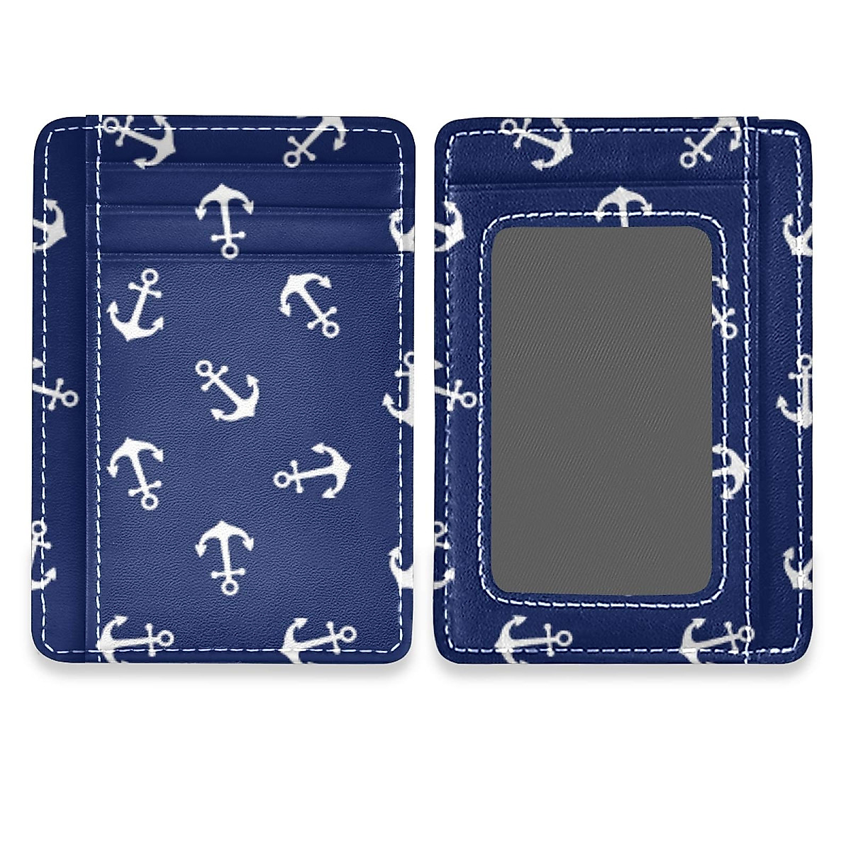 Linomo Thin leather Card Holder and Money Clip Nautical Anchor Pattern Wallet RFID Blocking for Men & Women
