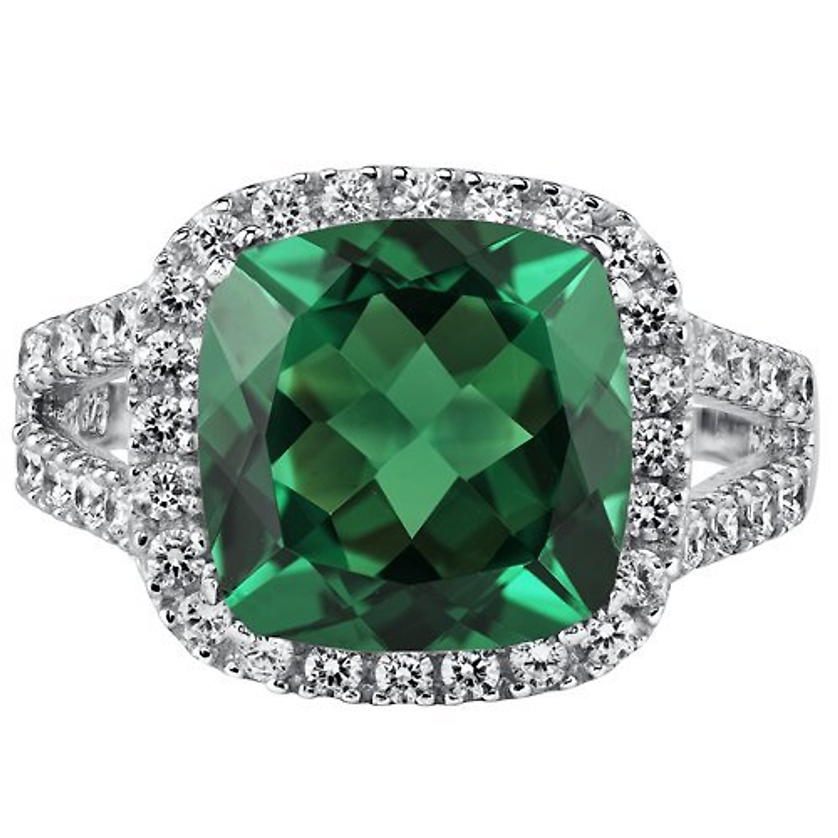 PEORA 6.50 Carats Simulated Emerald Ring for Women 925 Sterling Silver, 11mm Cushion Cut, Size 7