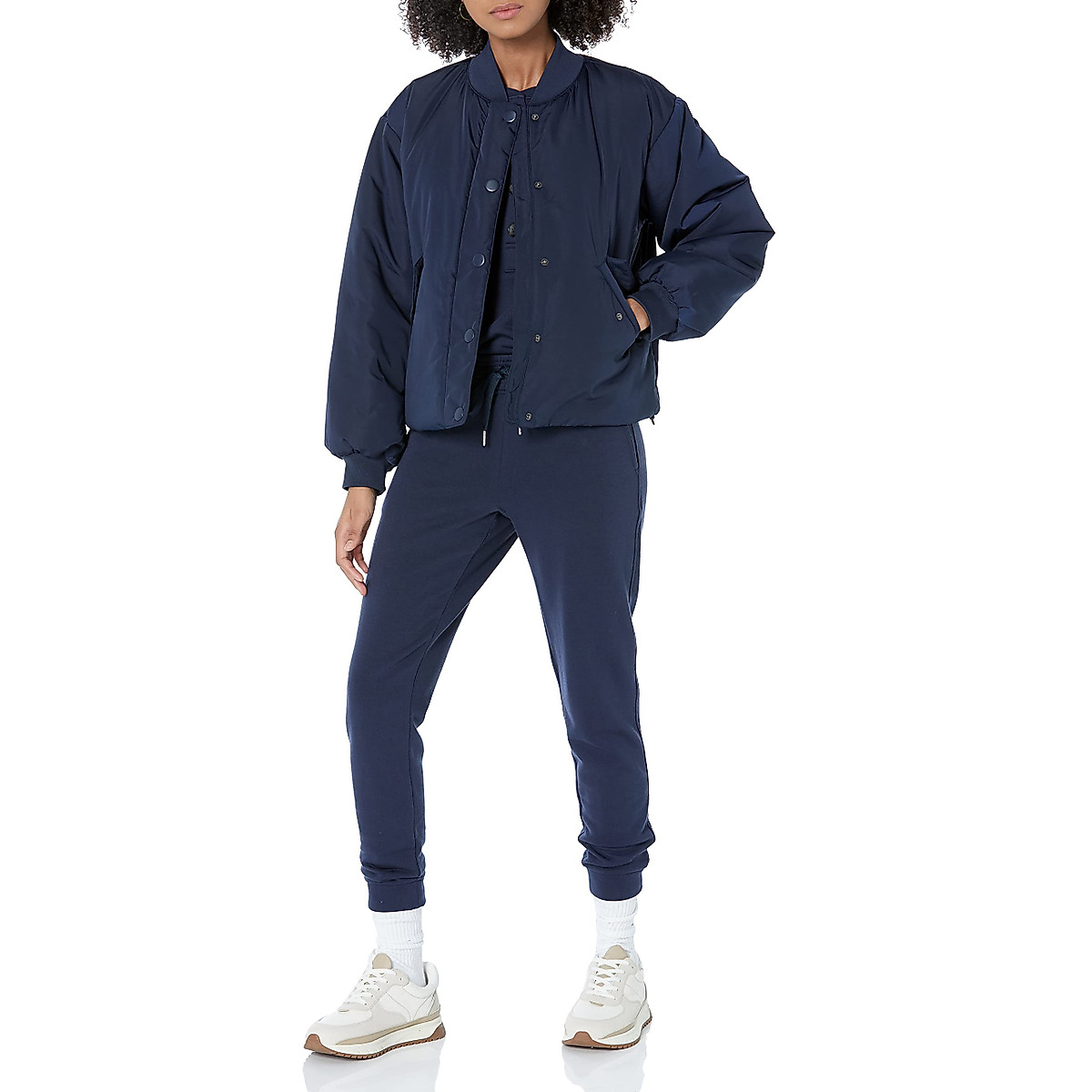 Amazon Essentials Women's Relaxed-Fit Recycled Polyester Padded Cropped Bomber Jacket (Available in Plus Size) (Previously Amazon Aware), Navy, Small