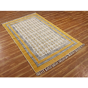 CASAVANI Collection Rectangular Rug - 5x7 Ft Musterd Yellow Cotton Dhurrie Floral Kilim Rug Indoor Outdoor Use Carpet Flatweave Rug High Traffic Area in Bedroom Dining Room Living Room