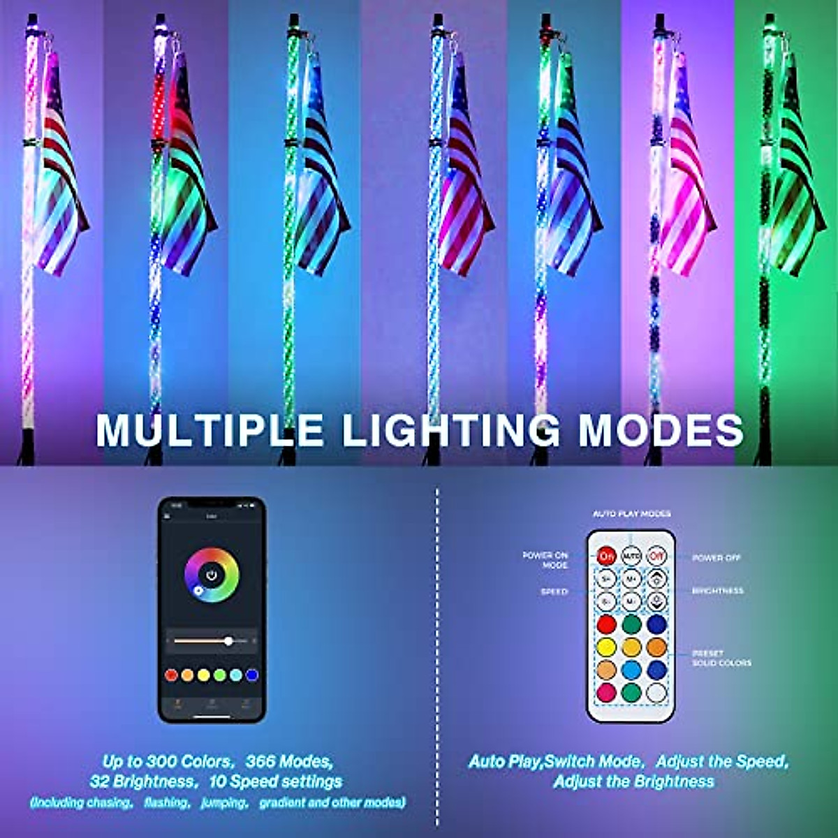 Atfoyer 2PCS 4FT Whip Lights, LED Light Whip for UTV ATV, APP and Remote Control, 366 Modes, Spiral RGB Chasing Light, Lighted Antenna Whip for Off-Road Truck Sand Buggy 4 Wheeler RZR Can-Am Polari