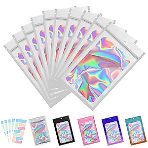 100 Pack Holographic Bag with Front Window Resealable Bags for Small Business Candy Bags Sealable Mylar Bags for Food Storage with 100 Color Labels(White,5x7 Inch)