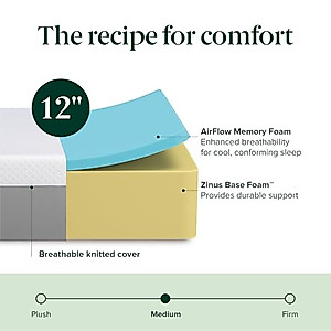 ZINUS 12 Inch Green Tea Essential Memory Foam Mattress [New Version], King, Fiberglass Free, Medium Feel, Breathable Airflow Memory Foam, Certified Safe Foams & Fabric, Mattress in A Box
