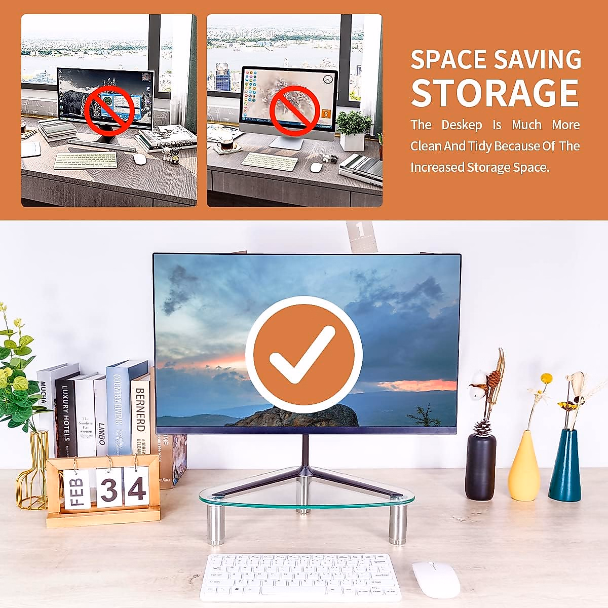 Hemudu Clear Glass Computer Monitor Riser / Triangle Desktop Universal Corner Stand for Computer Monitor & Laptop HD01T-003