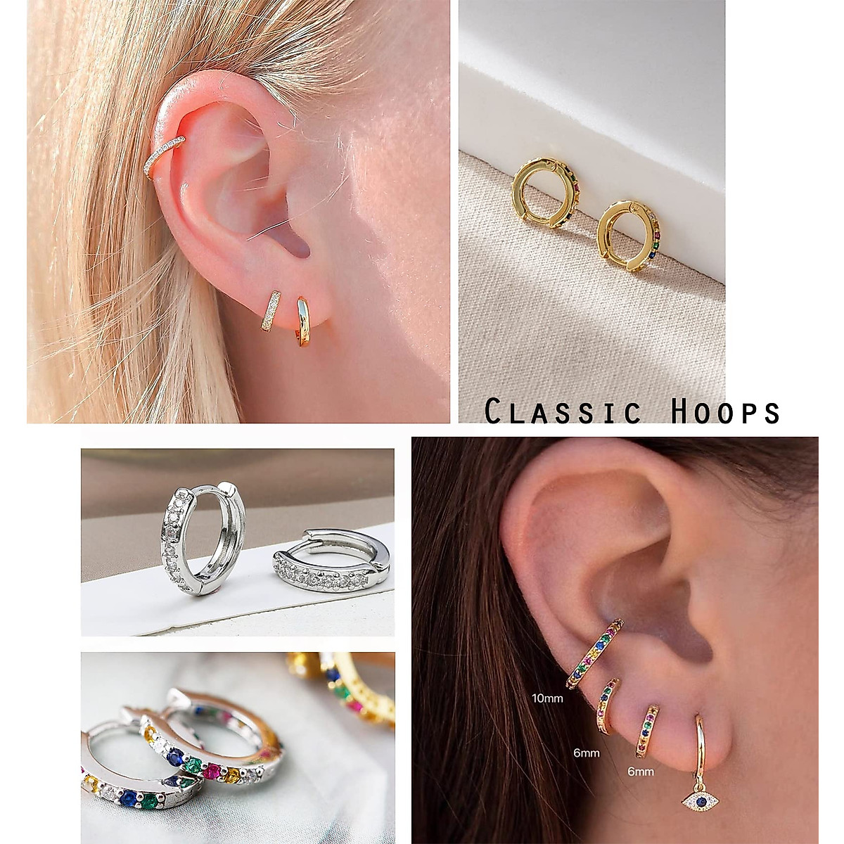 OPFIV 3 Pairs 14K Gold Plated Huggie Hoop Earrings for Women Hypoallergenic Dainty Evil Eye Multi-colors Cubic Zirconia Hoop Earrings Set Lightweight Small Tiny Hoops Jewelry