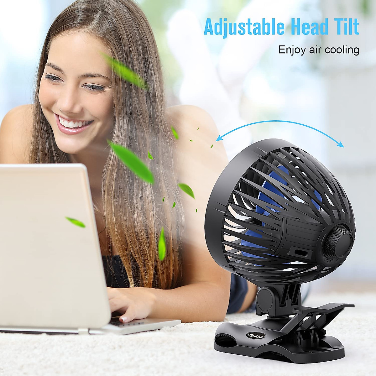 BESKAR Clip on Fan - 5000mAh Battery Rechargeable with CVT Speeds and Strong Airflow, Head Adjustable, Small Desk Fan Personal Quiet Fan for Office Stroller Outdoor