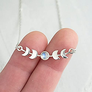 Angol Genuine Moonstone Necklace Sterling Silver Moon Phase Necklace Triple Goddess Moonstone Pendant Minimalist Necklace for Women（Silver）