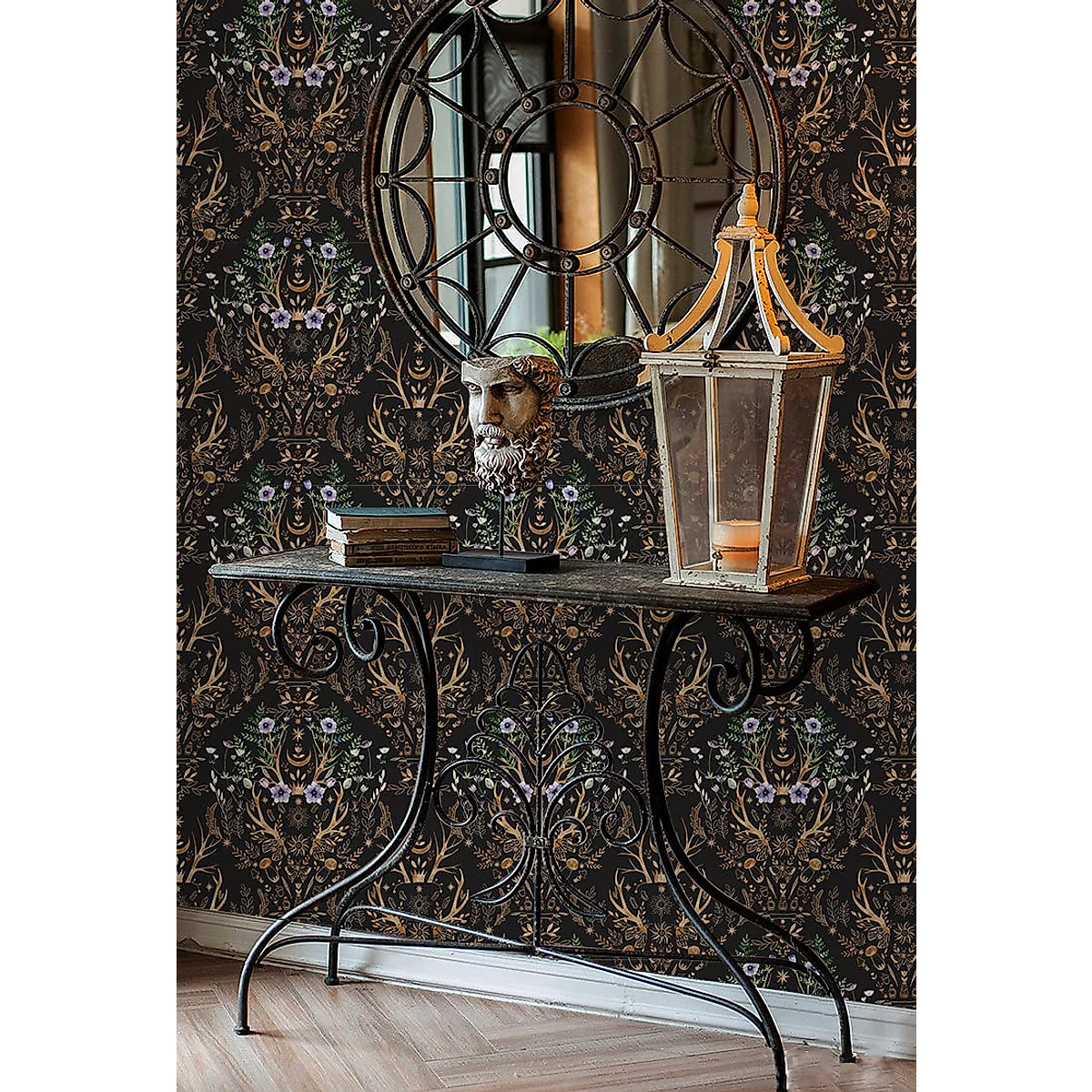 HAOKHOME Gothic Wallpaper Peel and Stick Retro Floral Damask Bronze/Black/Purple Witchy Wall Decor Bathroom Removable Mural 17.7in x 9.8ft