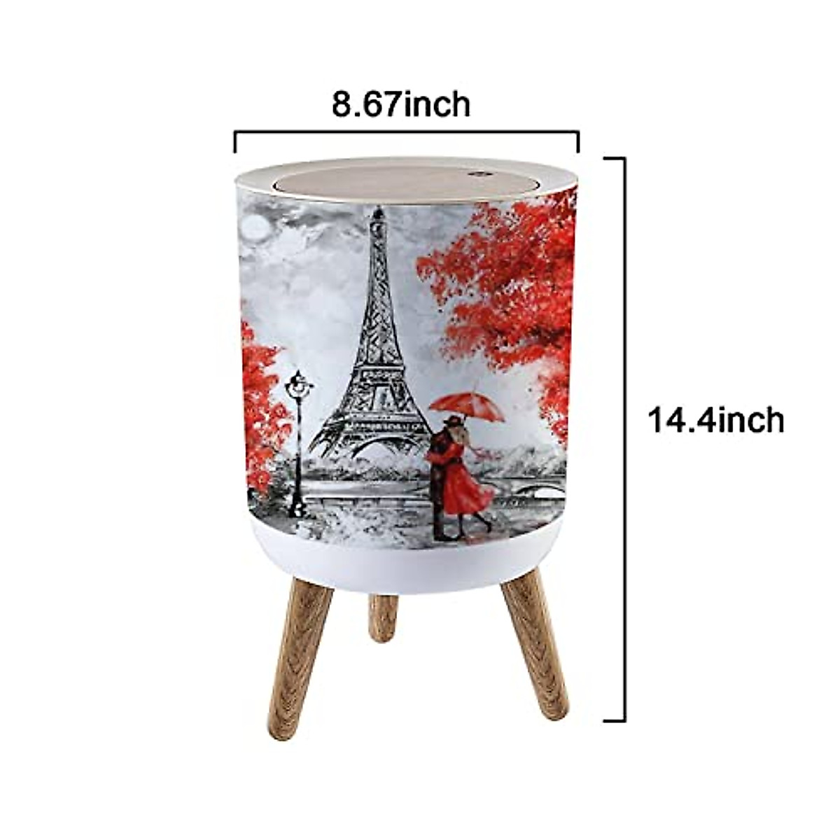 SHL96PZGX Small Garbage Can with Lid Oil Painting Paris European City Landscape France Eiffel Tower Black with Wood Long Legs Simple Human Trash Can for Kitchen, Bathroom, Dog Proof, 1.8 Gallon - 7L