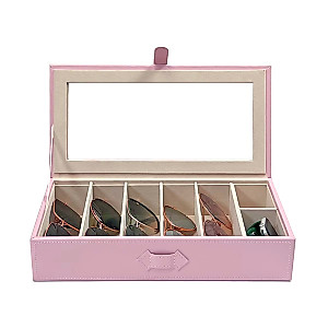 UnionPlus Sunglasses Case Organizer, Multiple Sunglasses Eyeglass Glasses Display Holder Collector, 5 Slots for Sunglasses Storage and 2 Small Slots for Accessories, Pink