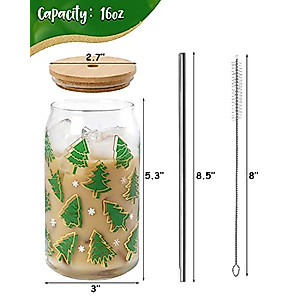 Nefelibata Christmas Cup with Bamboo Lid and Metal Straw 16oz Xmas Tree Beer Can Glass Iced Coffee Cups Drinking Glasses Smoothie Tumbler Mug Winter Holiday Party Gifts for Office Women Kids Men