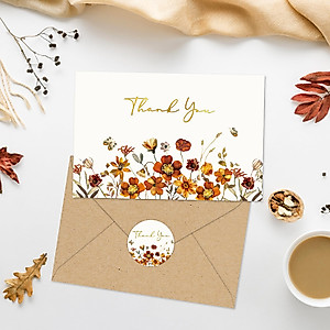 Whaline 32 Pack Gold Foil Fall Thank You Cards Autumn Floral Wildflower Greeting Cards with Envelopes and Stickers Blank Note Cards for Wedding Birthday Bridal Shower, 4 x 6 Inch