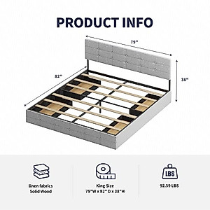 ZAFLY Platform King Bed Frame with 4 Storage Drawers,King Size Bed Frame and Linen Fabric Headboard,Square Stitched Button Tufted Design,Wooden Slats Support,No Box Spring Needed,Light Grey, 21023-K