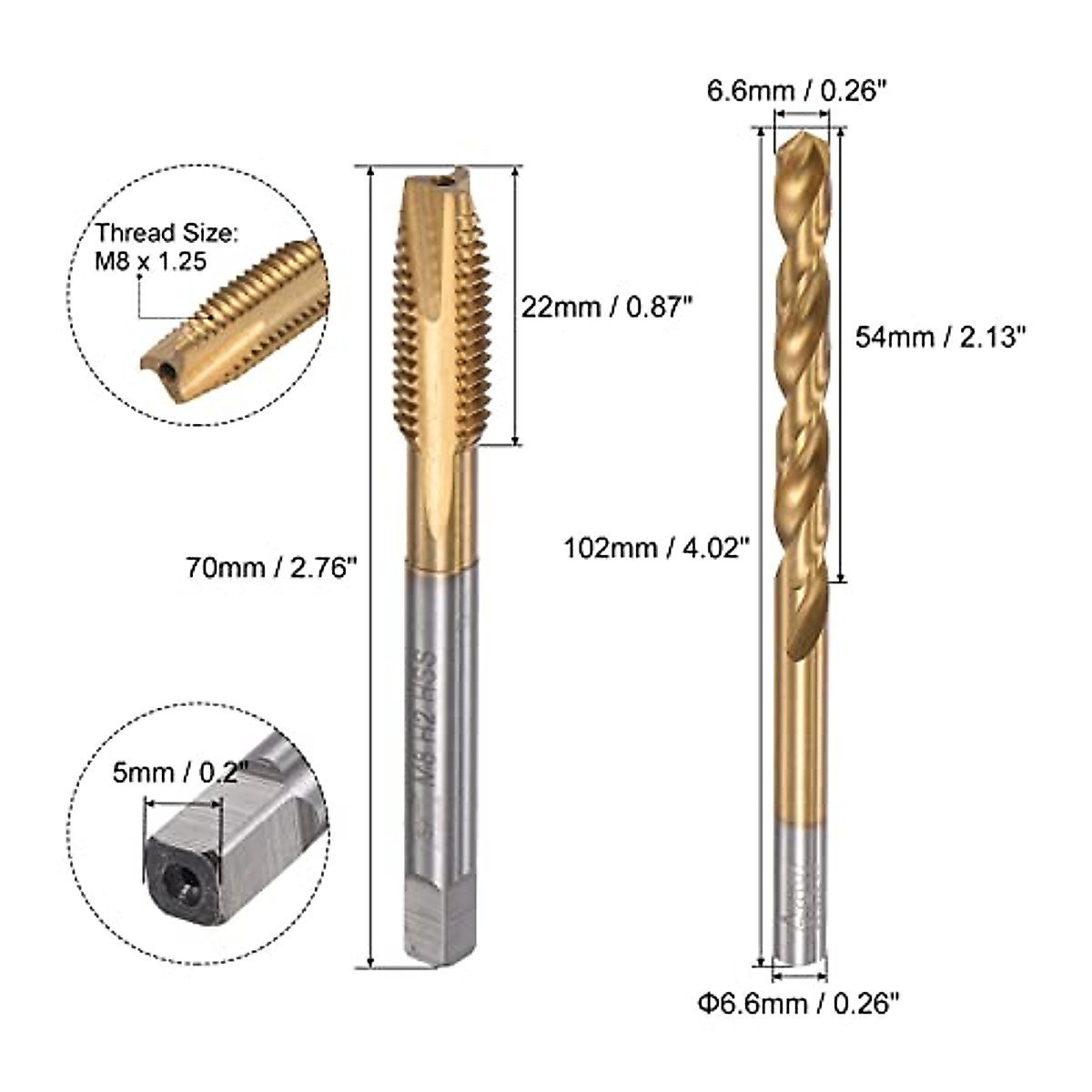 uxcell M8 x 1.25 Spiral Point Thread Tap and 6.6mm Twist Drill Bit Set, Metric Titanium Plated 6542 High Speed Steel Machine Screw Thread Tap Threading Tool