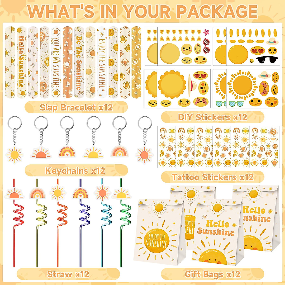 Erweicet Boho Sun Party Favors 72 PCS Sunshine Slap Bracelet Boho Rainbow Temporary Tattoos DIY Stickers Keychain Plastic Straws Gift Bags for Kids Sun Theme Birthday Party Baby Shower