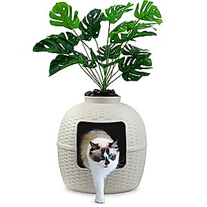 keygarzone Plant Litter Box with Lid, Hidden Cat Litter Furniture with Rattan Pattern for Large Cat, PP Material Waterproof, Easy Assemble & Clean