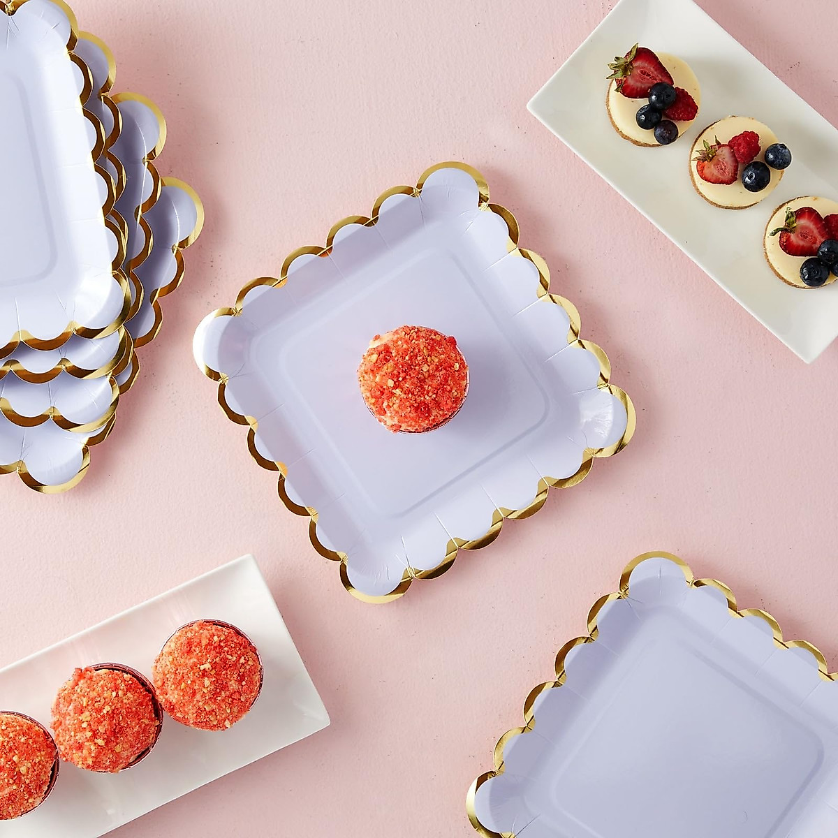 Sparkle and Bash 48 Pack Pastel Purple Paper Plates for Birthday Party Supplies, Scalloped Gold Border, 9 Inches