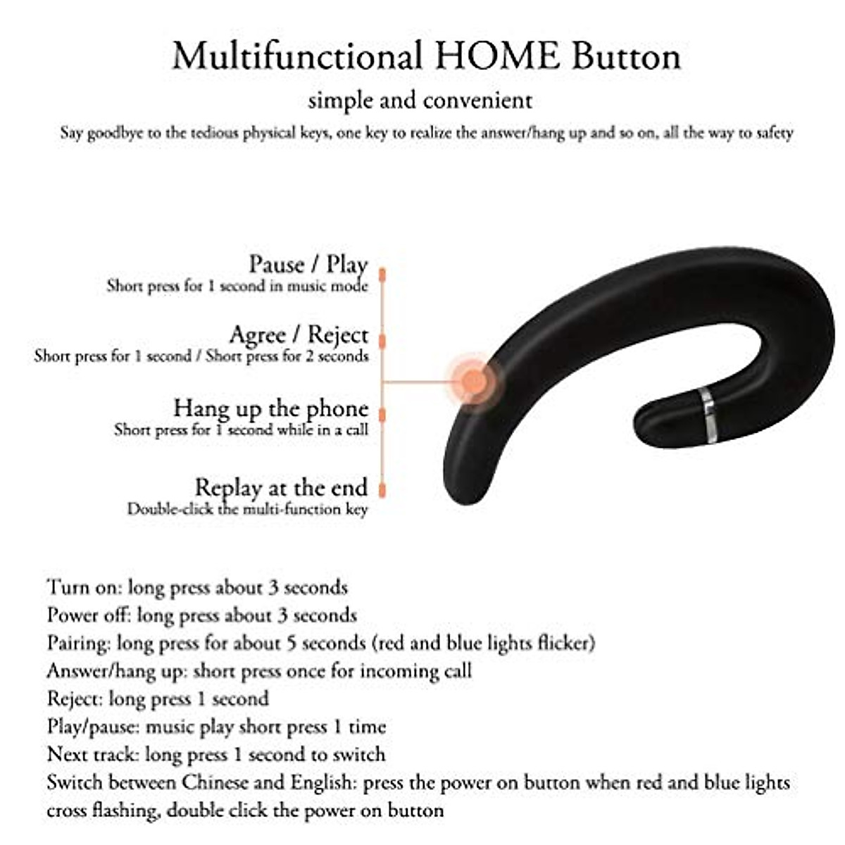 Sunffice Ear Hook Bluetooth Wireless Headphone,Non Ear Plug Headset with Microphone,Single Ear Noise Cancelling Earphones Painless Wearing for Android Smartphones,iPhone14 13 12 11 X 8 (Black)