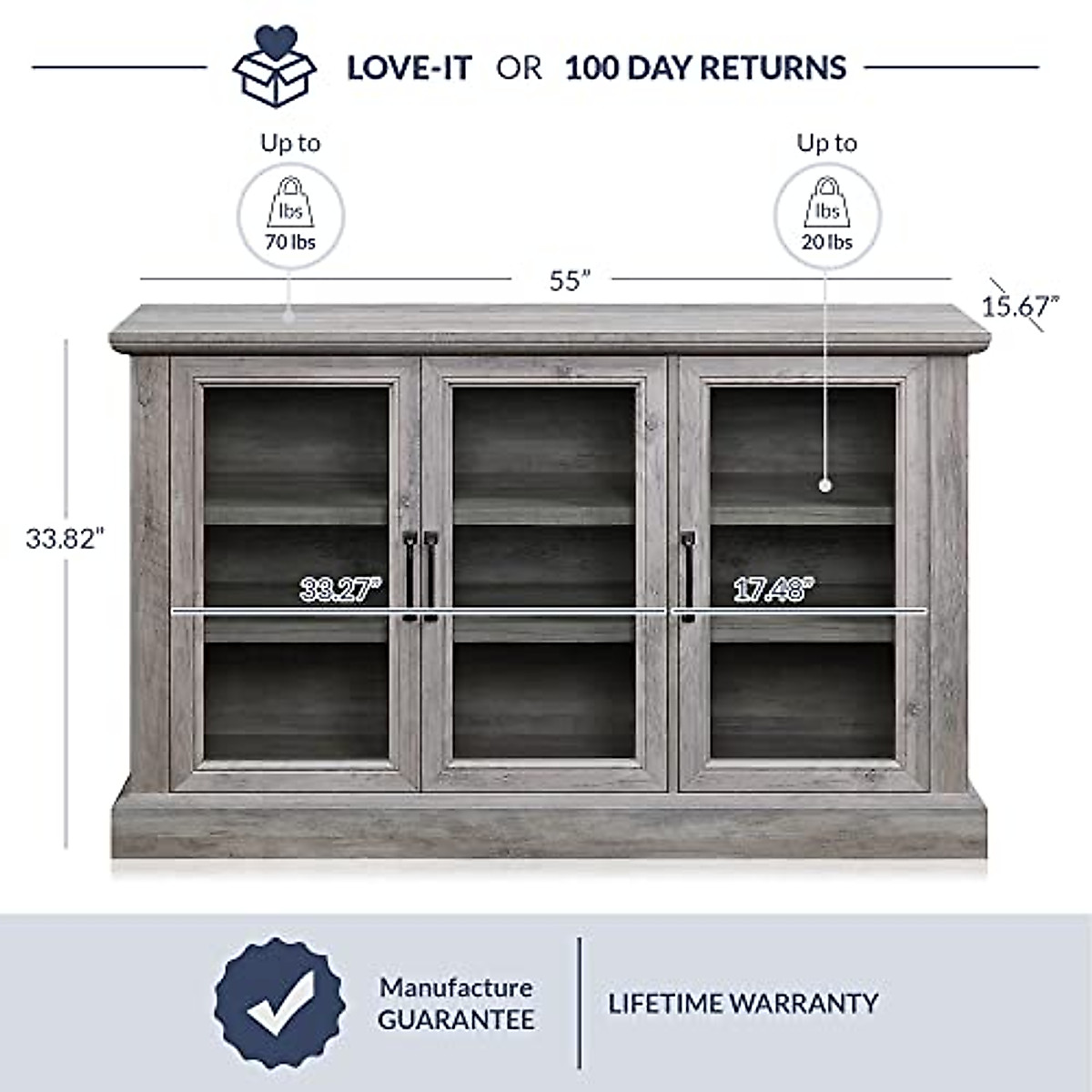 BELLEZE Sideboard Buffet Cabinet, 55” Entertainment Center Modern Wood Glass-Buffet-Sideboard with Storage Cabinet Console Table Adjustable Shelves for Dinning Room Living Room Hallway, Gray Wash
