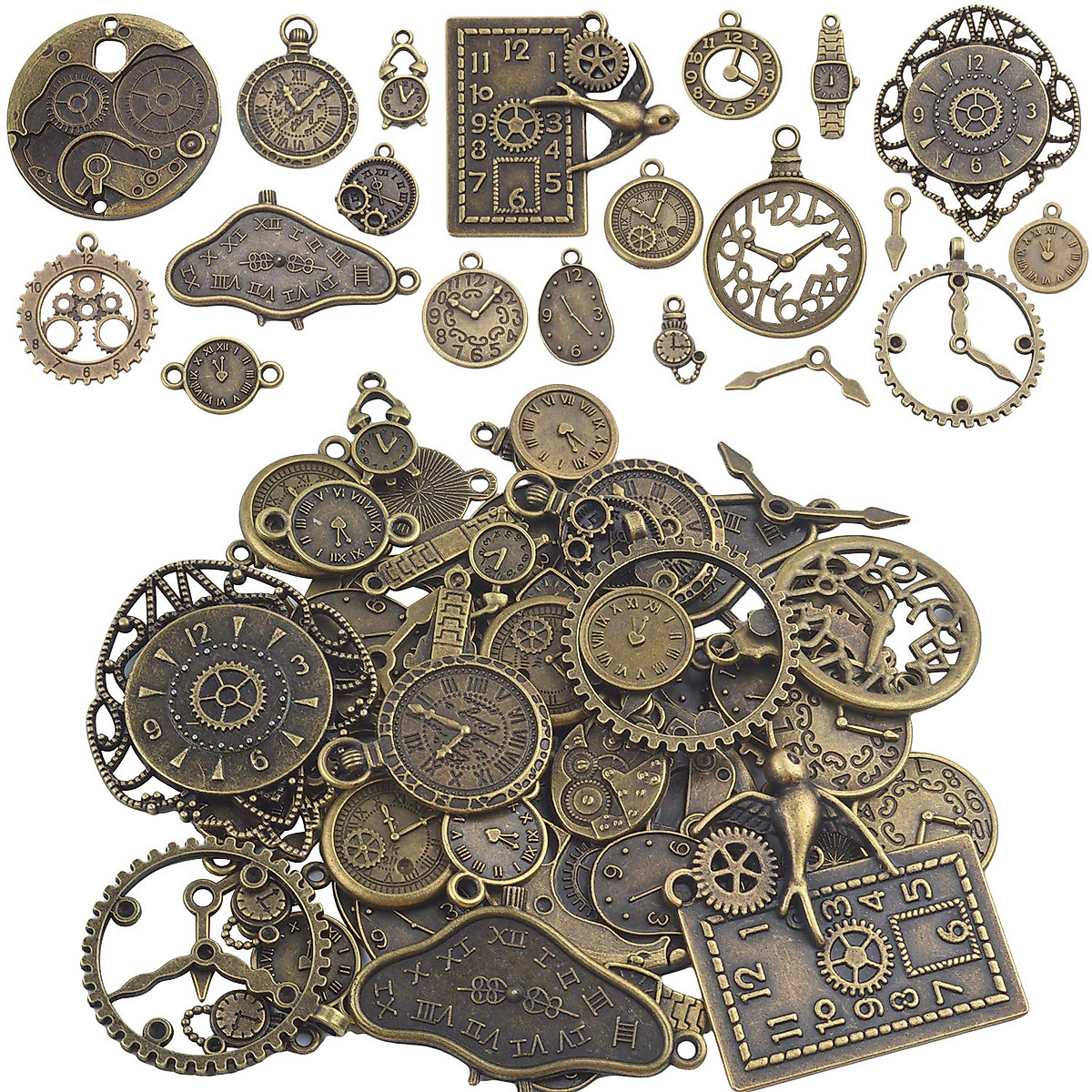 Clock Face Charm Pendant, 100 Gram Multi-style Antiqued Bronze Clocks and Watches Dial Face Movement Charms Gears Steampunk Pendant Craft Supplies for DIY Jewelry Making