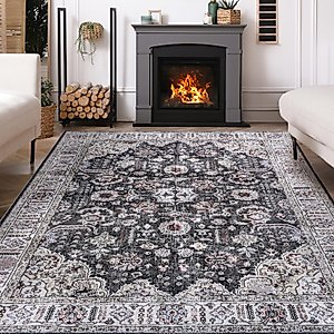 HOYAWU Washable Rug 8x10 Feet, Non Slip Backing Area Rugs for Living Room, Boho Vintage Design Area Rug, Bedroom Rug, Home Decor, Farmhouse, Dining Room, Home Office, Grey and Black