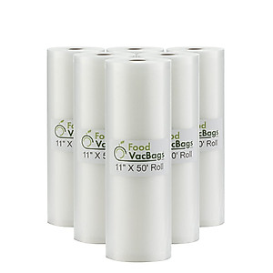 FoodVacBags Vacuum Sealer Rolls, 11 In x 50 Ft, 6 Rolls, Compatible with Foodsaver, Embossed Commercial Grade Make Your Own Size Food Storage Vacuum Sealer Bags