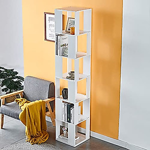 RVEE White Rotating Bookshelf 360°, 6 Tier Corner Bookcase for Living Room Floor Bookcase Wooden Bookshelf Home Office Corner Tall Bookcase (White)