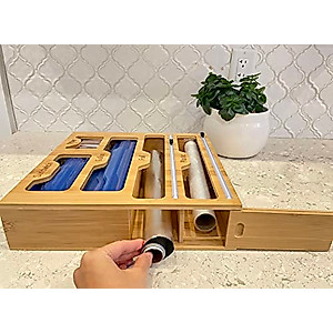 5 in 1 Ziplock Bag Organizer for Drawer - Easy to Use Plastic & Aluminum Foil Wrap Dispenser With Cutter Made of Premium Quality Solid Bamboo - Compatible for Gallon, Quart, Sandwich & Snack Size