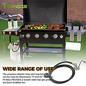 TEENGSE 6FT Propane Adapter Hose with Gas Regulator, QCC1 Grill Regulator Rubber Hose, Elbow Adapter, 1lb to 20lb Converter Compatible with Blackstone 17" 22" Tabletop Griddle