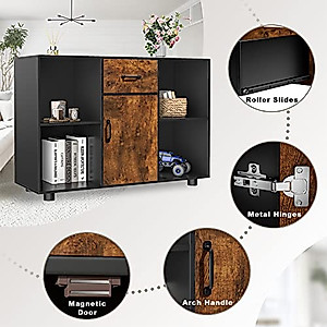 JUMMICO Storage Cabinet with Doors and Shelves Floor Cabinet Sideboard with Solid Wood Top Accent Cabinet for Living Room, Dining Room and Hallway