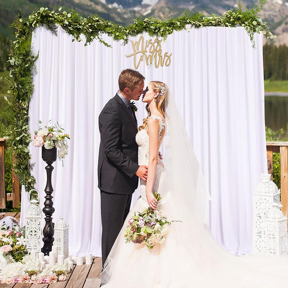 Wooden Miss to Mrs Sign, 16”x12” Gold Party Banner For Bridal Shower Decor, Bachelorette Party Backdrop, Engagement, Wedding, Couples, Greenery Hedge Wall