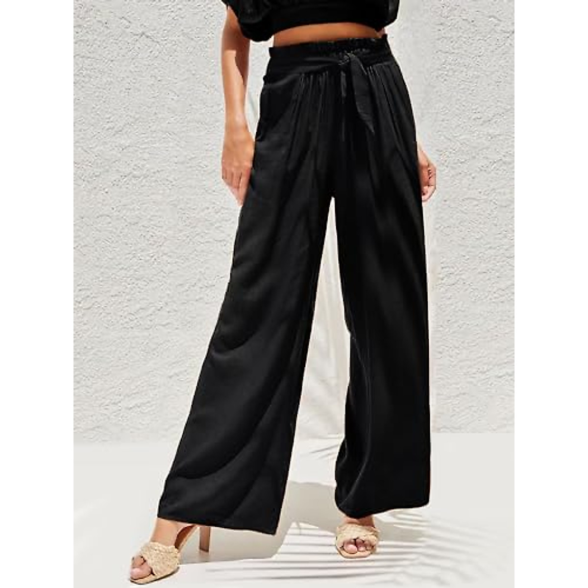 Sucolan Black Wide Leg Pants for Women Lightweight High Waisted Palazzo Work Pants Dressy Casual Adjustable Tie Knot Loose Trousers with Pockets XL