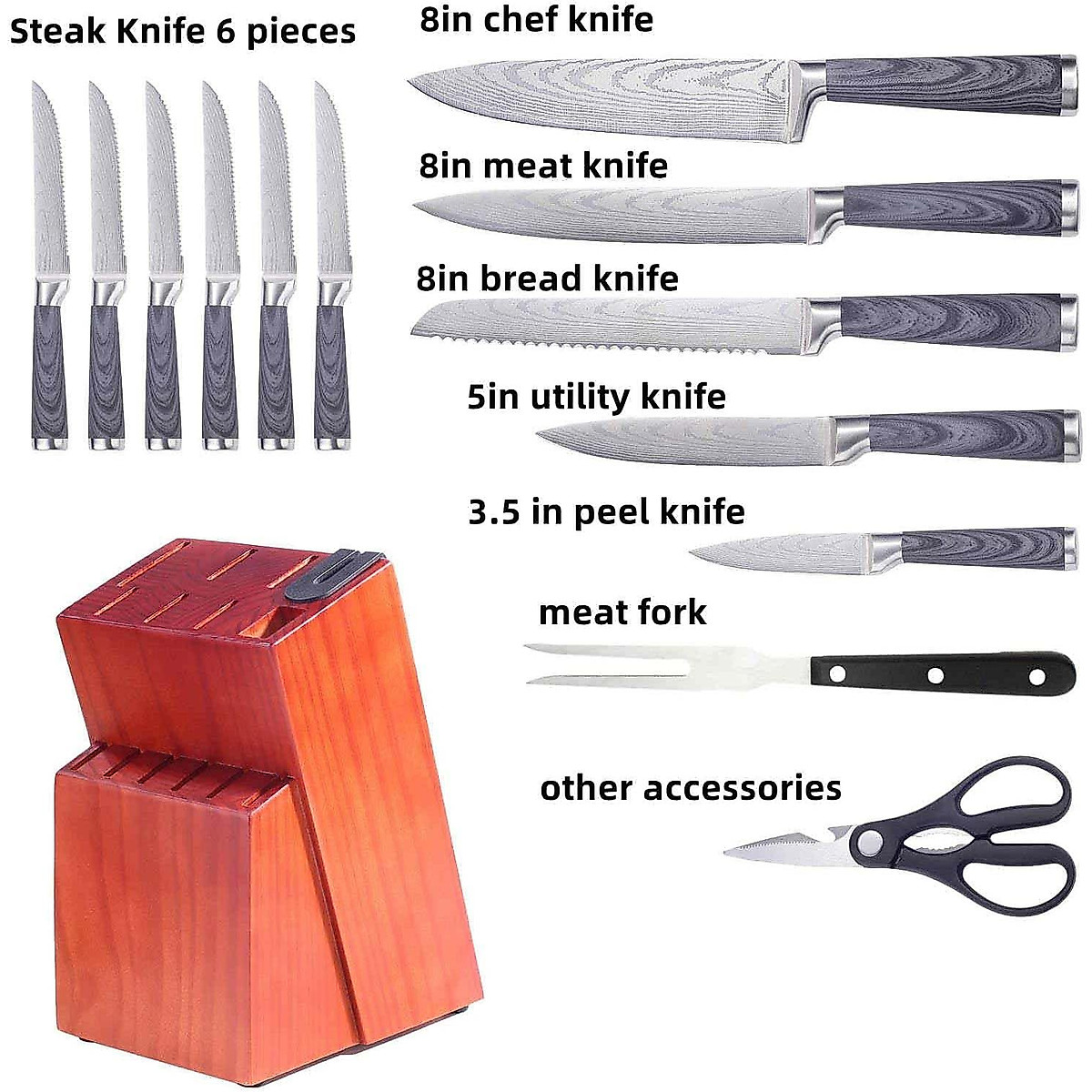 Daanaas Knife Set with Wooden Block and Sharpener 16 Pieces,Kitchen Knives Sets Full Stainless Steel,Professional Chef Knife Sets with Steak Knives Knofe Set (grey)