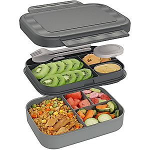 Caperci Bento Box Adult Lunch Box - Stackable Leakproof 47oz Lunch Containers for Adults with Sauce Container - Idea for Office, On-the-go, Microwave/Dishwasher Safe, BPA Free (Black)