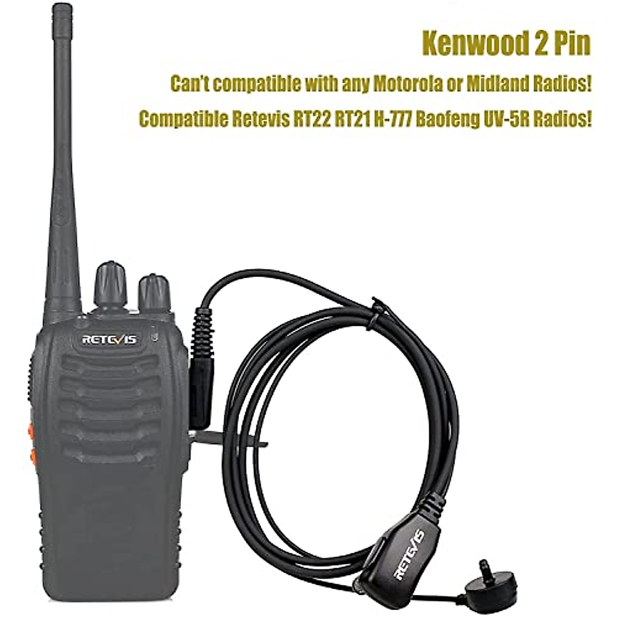 Retevis RT22 Walkie Talkie Earpiece 2 Pin Acoustic Tube Headset with Mic PTT Compatible RT15 RT21 H-777 RT68 Baofeng UV-5R BF-888S Two Way Radios (2 Pack)