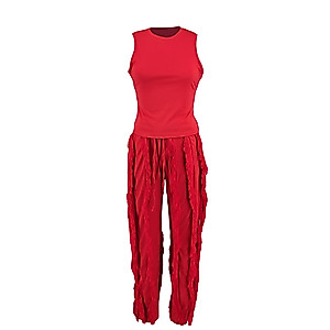 Vakkest Tassel Bodycon Long Pants Tracksuit Sets for Women Ladies Girls Females Two Piece Outfits Solid Color Activewear