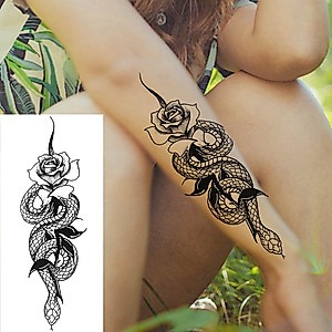 Goromon 10 Sheets Realistic Snake Temporary Tattoos For Women Men Forearm Arm Sexy 3D Tribal Cobra Mamba Viper Serpent Tattoos Temporary Adults Kids Fake Tattoos Sticker Black Sword Rose Flower Tatoos
