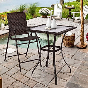 Tangkula Patio Bar Table with Umbrella Hole, All Weather 37 Inches Height Heavy Duty Outdoor Square Glass Top Table, for Garden Balcony Poolside and Lawn, Mix Brown