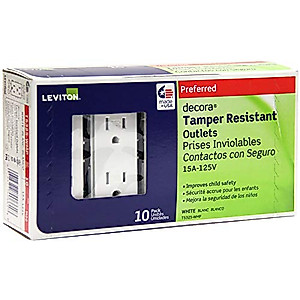 Leviton T5325-WMP 15 Amp 125 Volt, Tamper Resistant, Decora Duplex Receptacle, Straight Blade, Grounding, White M22-Straight, 125 V, 2 Pole, 3 Wire, 10 Pack