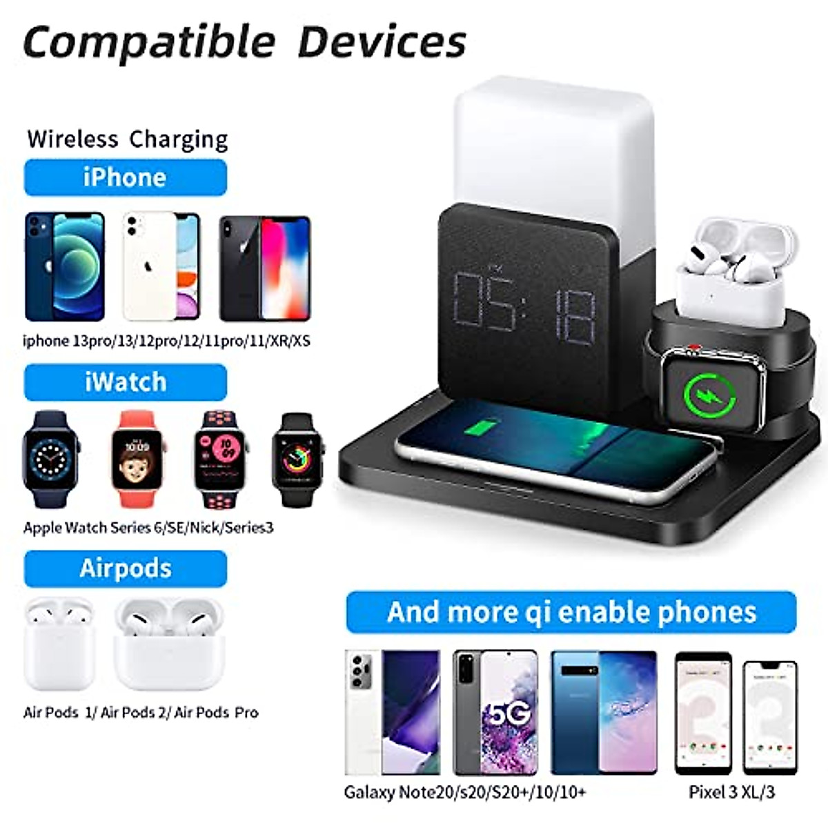 Wireless Charger,3 in 1 Fast Charging Station with Digital Alarm Clock and Night Light,Compatible for iPhone 13/13 Pro/12/12Pro Max/11 Series/XS Mas/XR/XS/8/8 Plus/iwatch/AirPods/Samsung Galaxy