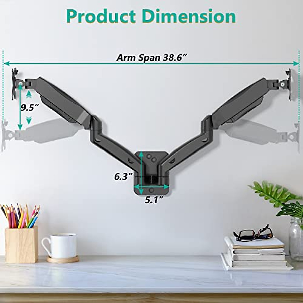 WALI Dual Monitor Wall Mount, Gas Spring Monitor Arm for 2 Screens up to 32 inch, 19.8 lbs. Fully Adjustable Arm Mounting Holes up to 100 x 100 (GSWM002), Black