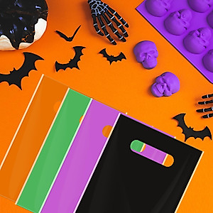 Gilprop 120 Pieces Plastic Halloween Bags Bulk Halloween Bags Black Orange Green and Purple Candy Bags with Handle for Halloween Party Supplies Decoration(Halloween)