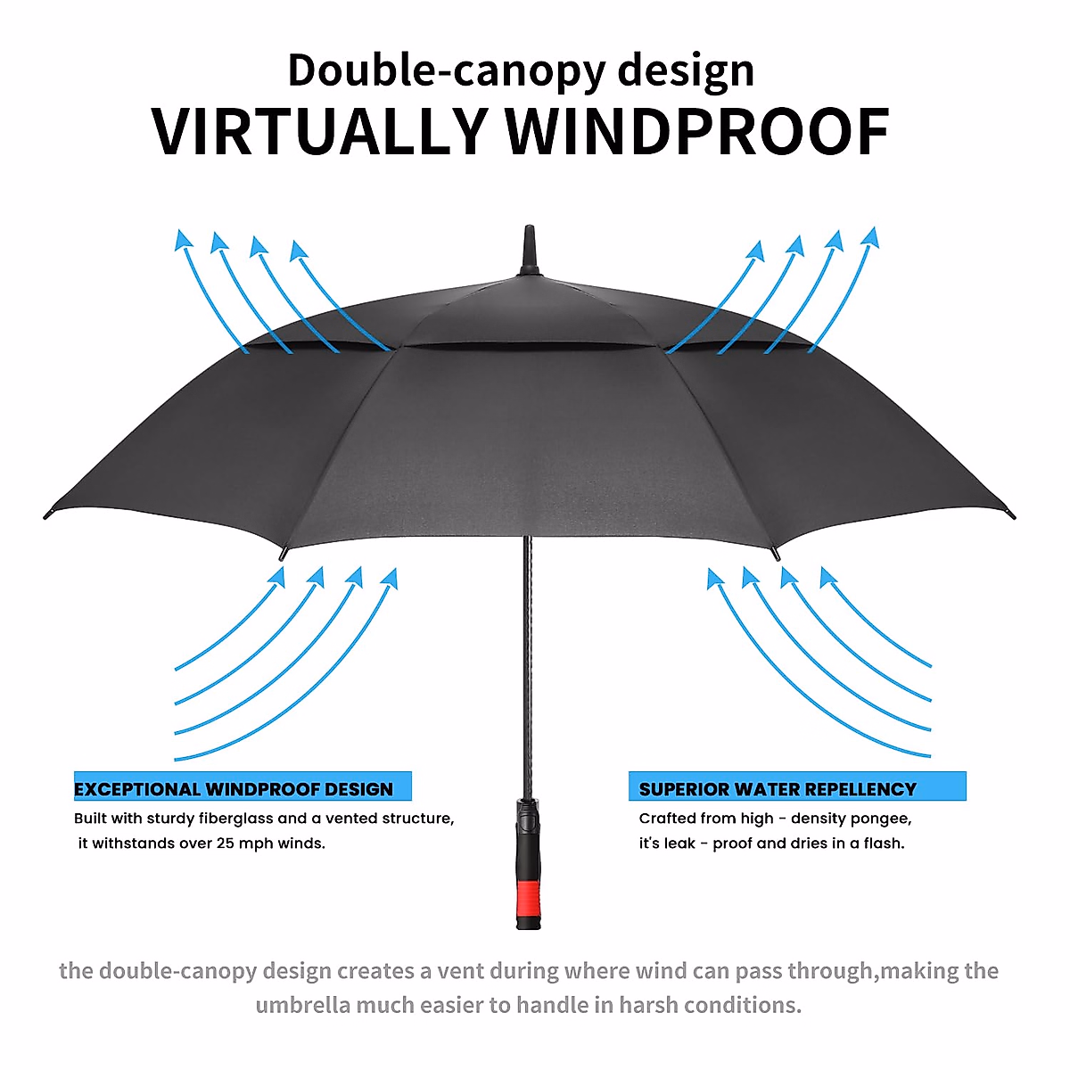 SIEPASA /62/68/72 Inch Automatic Open Golf Umbrella Oversize Extra Large Double Canopy Vented Windproof Waterproof Stick Umbrella.(Black, 62",Red Handle)