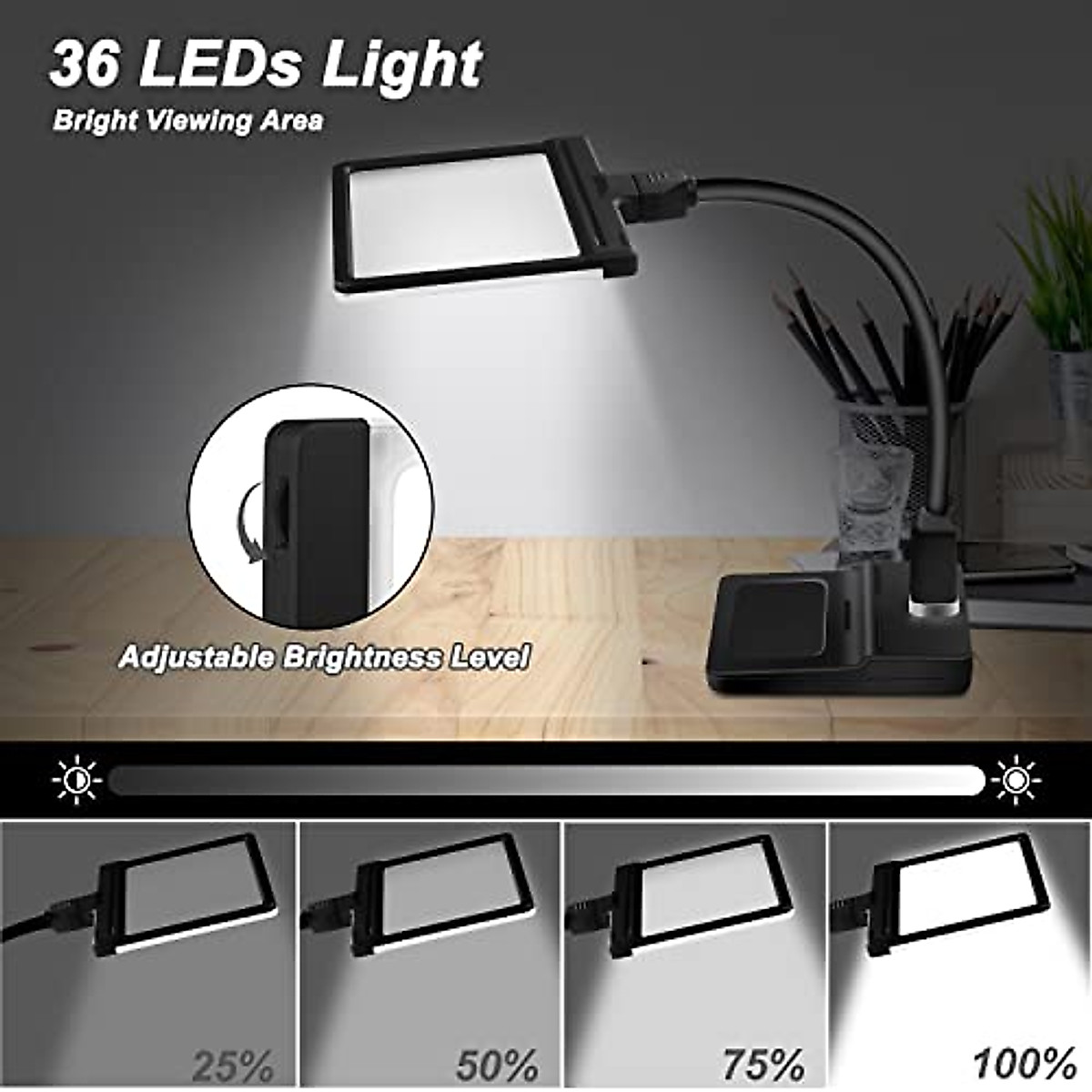 4X Magnifying Glass with Light and Stand, 36 LED Flexible Gooseneck Magnifying Desk Lamp, Ajustable Brightness Detachable Large Page Magnifier for Reading, Sewing, Crafts, Painting, DIY & Close Work