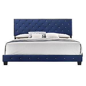 Glory Furniture Suffolk Velvet Upholstered King Bed in Navy Blue