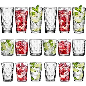 Le'raze Drinking Glasses Set of 18 Clear Glass Cups - 6 Highball Glasses 17oz, 6 Rocks Glasses 13oz, 6 DOF Glasses 7oz, Bubble Design Glassware Set for Water, Juice, Wine, Cocktails, & Beer Glasses.